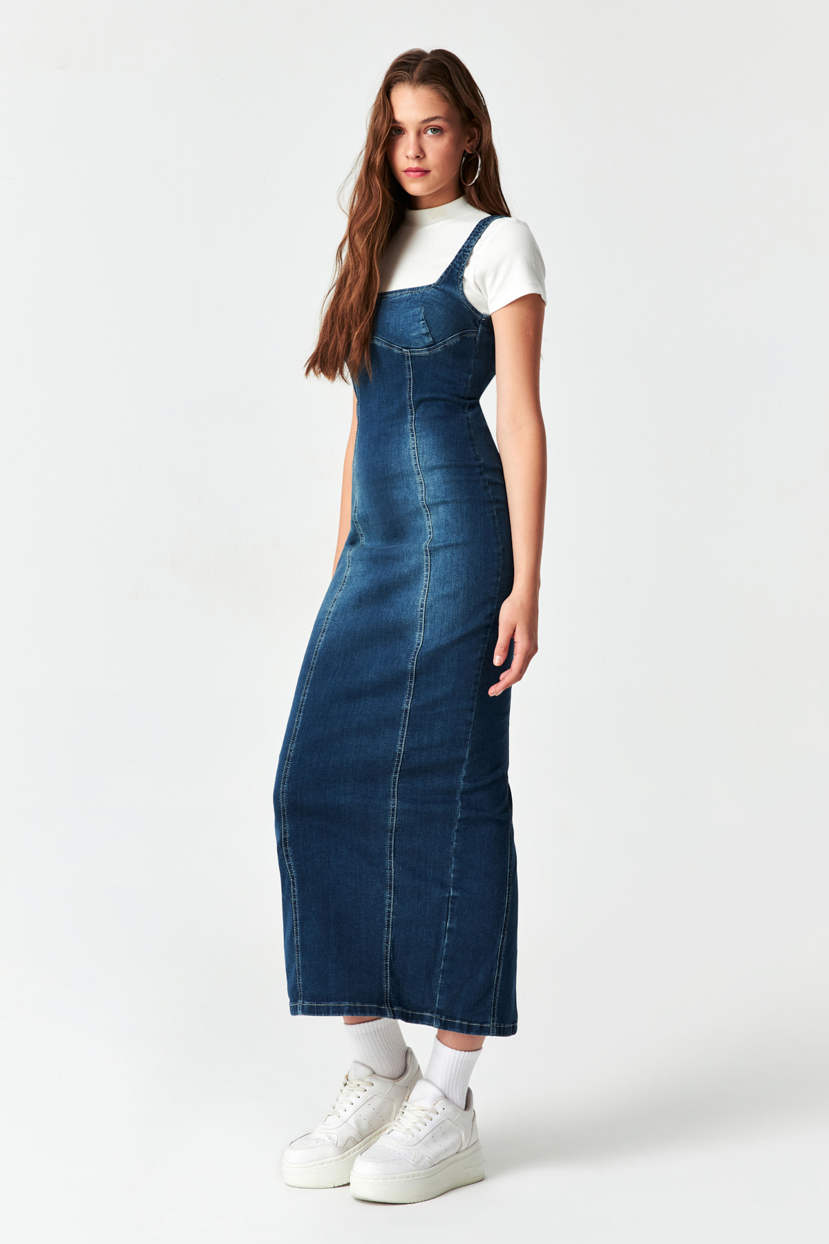 Buy Women's Tint Denim Color Stretch Fabric Back Slit Long Denim Dress ...